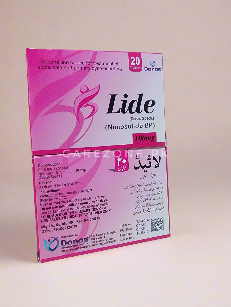 Lide 100mg tablet (Nimesulide) - 20 Tablets | Pain & Dysmenorrhea Reli ...